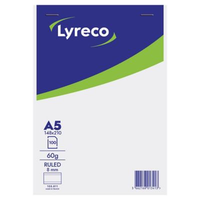 Bloc-notes Lyreco, A5, ligné, agrafé en tête, 100 feuilles