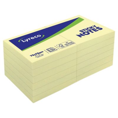 Lyreco Sticky Notes memo pads, yellow, 75 x 75 mm, pack of 12 blocks