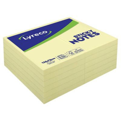 Lyreco Sticky Notes memo pads, yellow, 75 x 125 mm, pack of 12 blocks